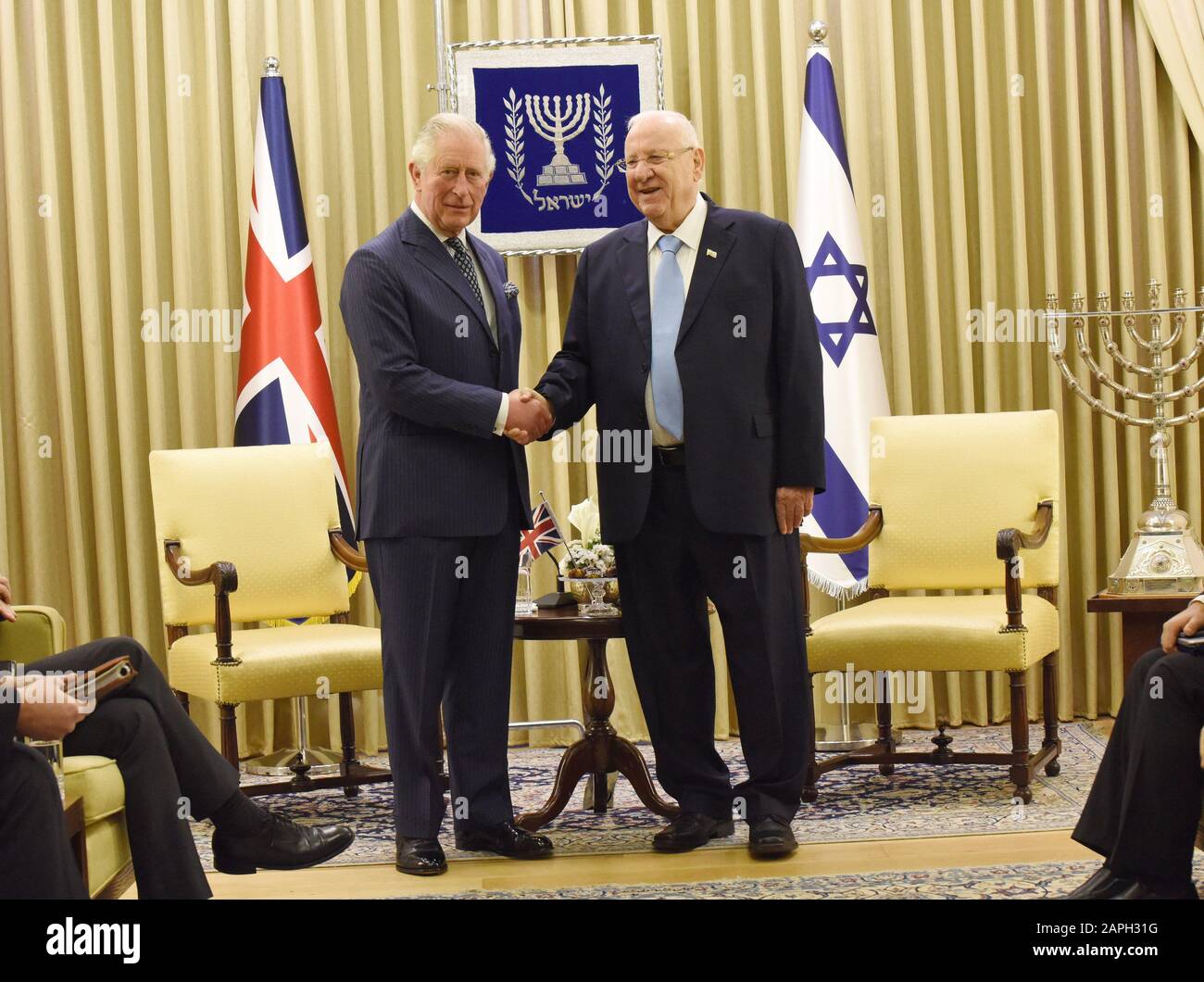 Jerusalem, Israel. 23rd Jan, 2020. (L) Britain's Royal Highness Prince Charles shake hands with ...