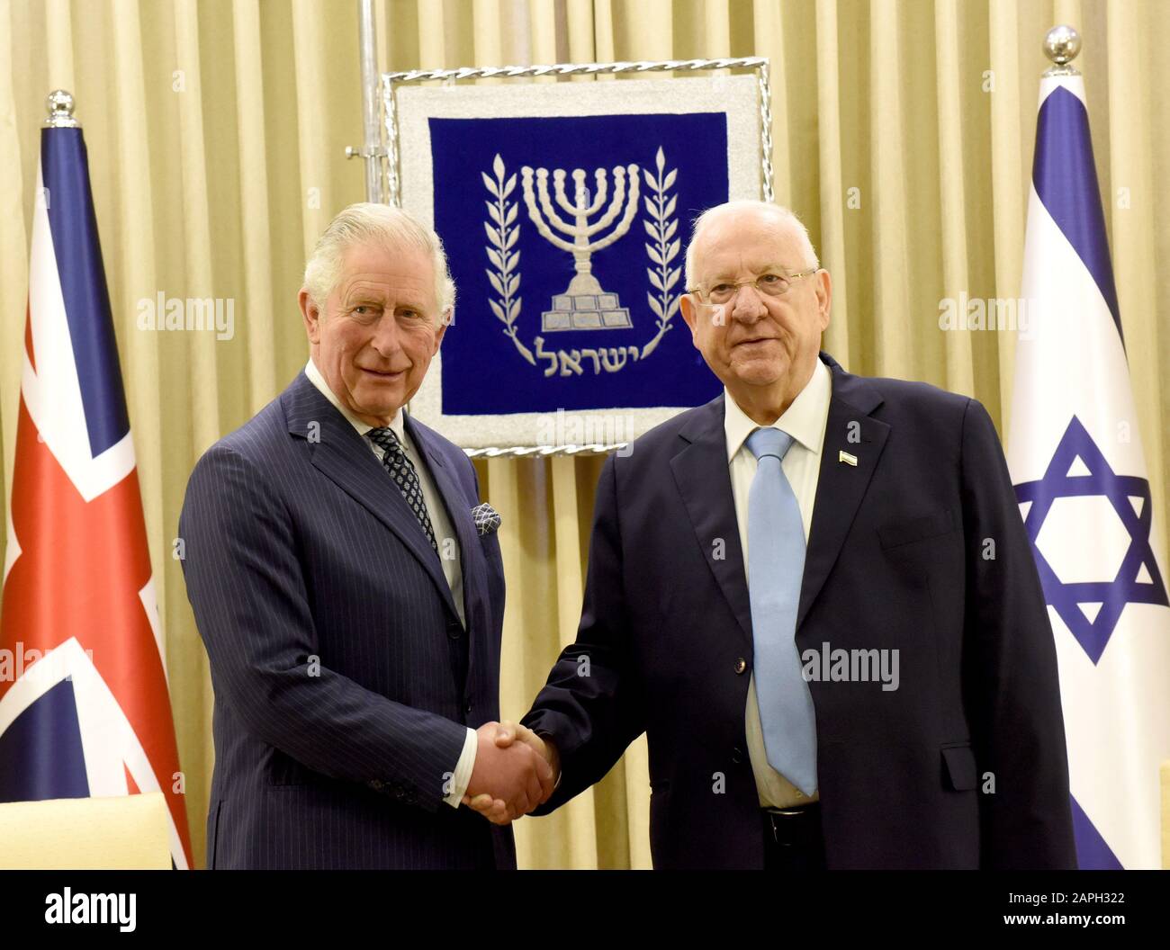 Jerusalem, Israel. 23rd Jan, 2020. (L) Britain's Royal Highness Prince Charles shake hands with ...