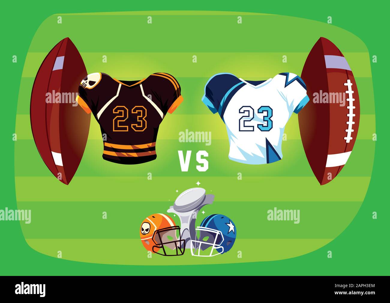 Helmets trophy and uniforms inside ball over field design, Super bowl ...