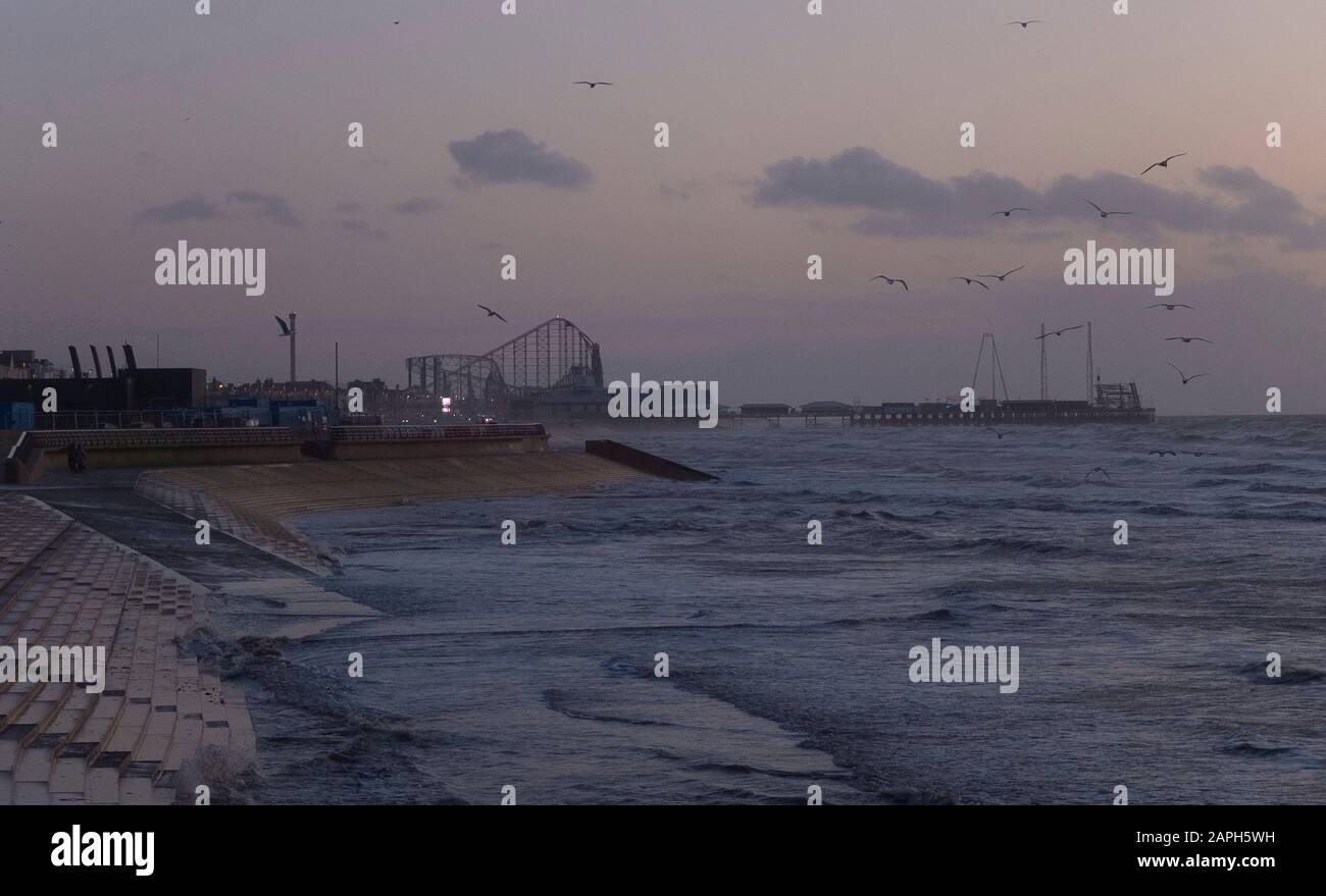 Landscape shot of Blackpool promenade as the tide is going out, looking ...
