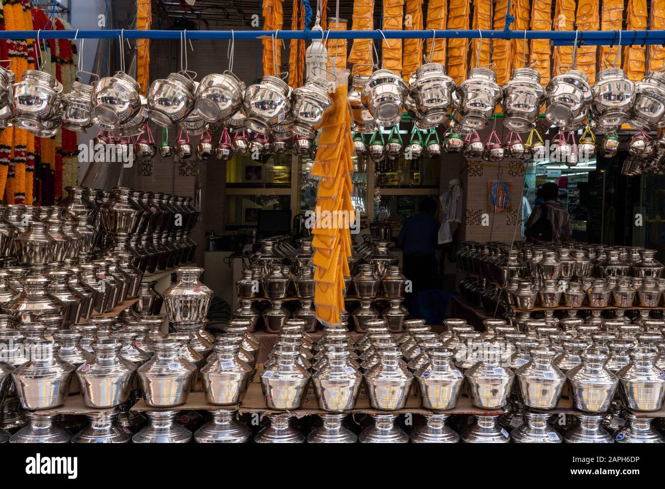 Shop in Little India selling the Kooja, milk pots used to carry milk to ...
