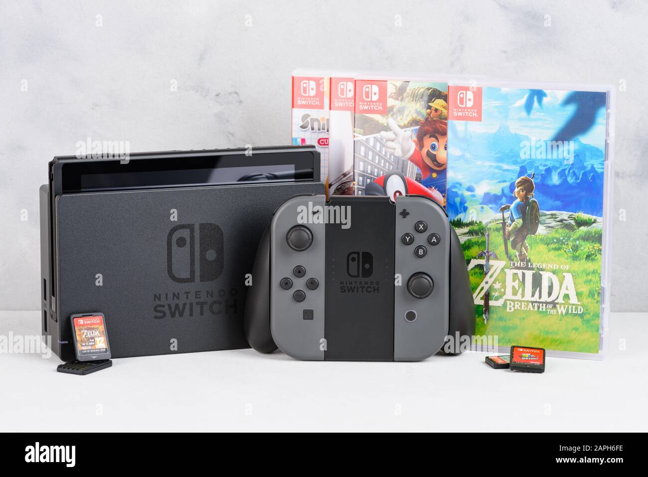 Krakow, Poland - Januray 14, 2020: Nintendo Switch gaming console with ...