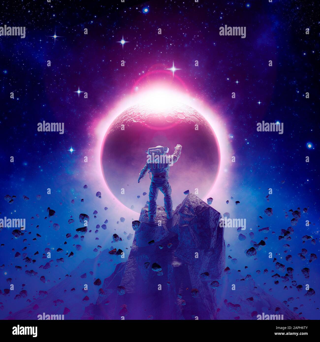 The final eclipse / 3D illustration of science fiction scene showing ...