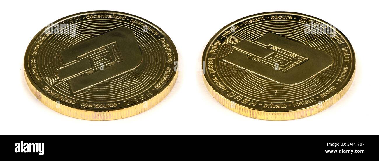 Face and back side of the crypto currency golden dash isolated on white ...