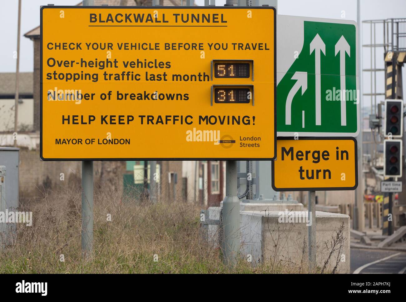 Incident statistics board on the approach to Blackwall Tunnel in London ...
