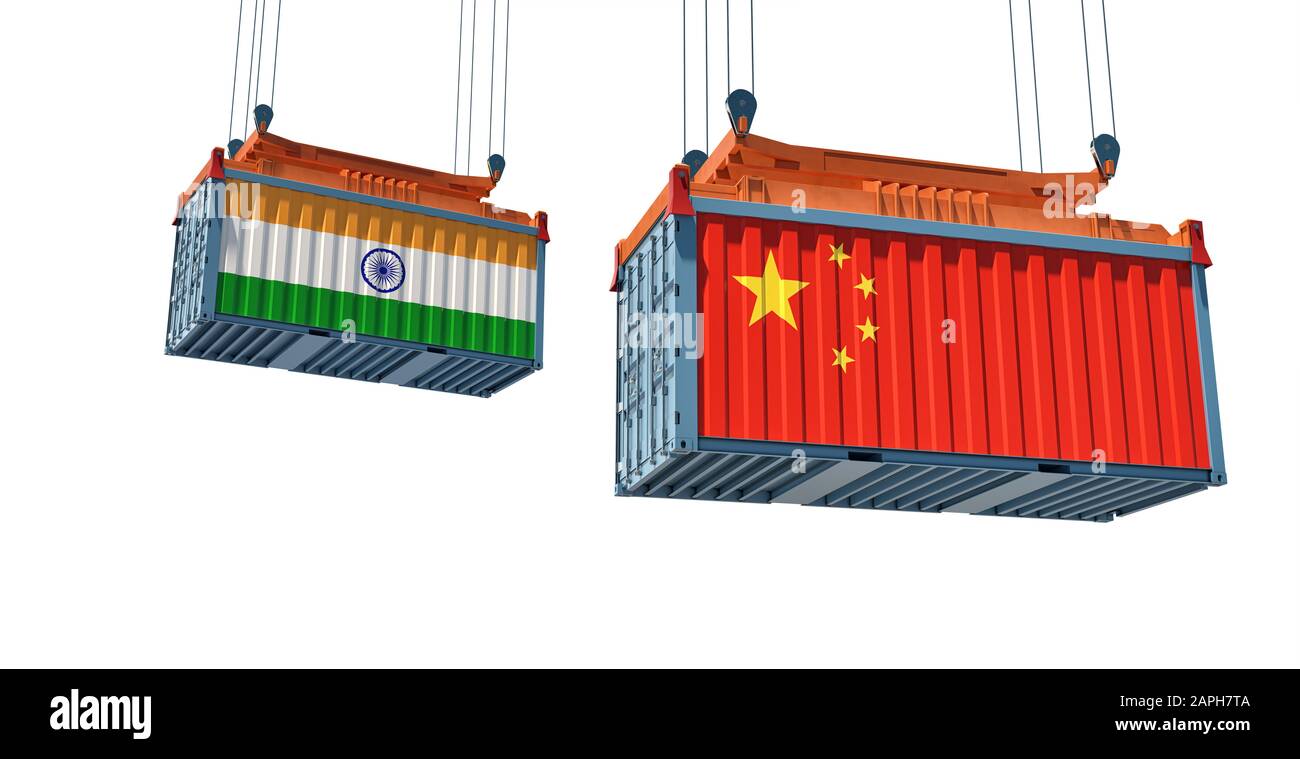 Freight container with China and India flag. 3D Rendering Stock Photo ...