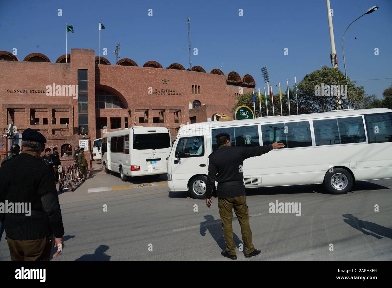 Lahore, Pakistan. 23rd Jan, 2020. Pakistani Security personnel escort ...