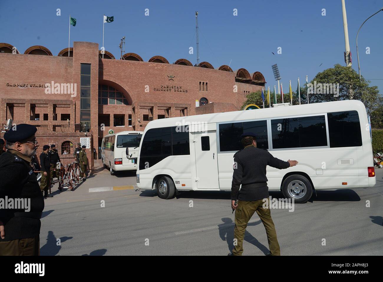 Lahore, Pakistan. 23rd Jan, 2020. Pakistani Security personnel escort ...