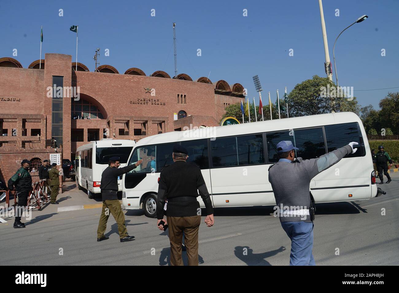 Lahore, Pakistan. 23rd Jan, 2020. Pakistani Security personnel escort ...