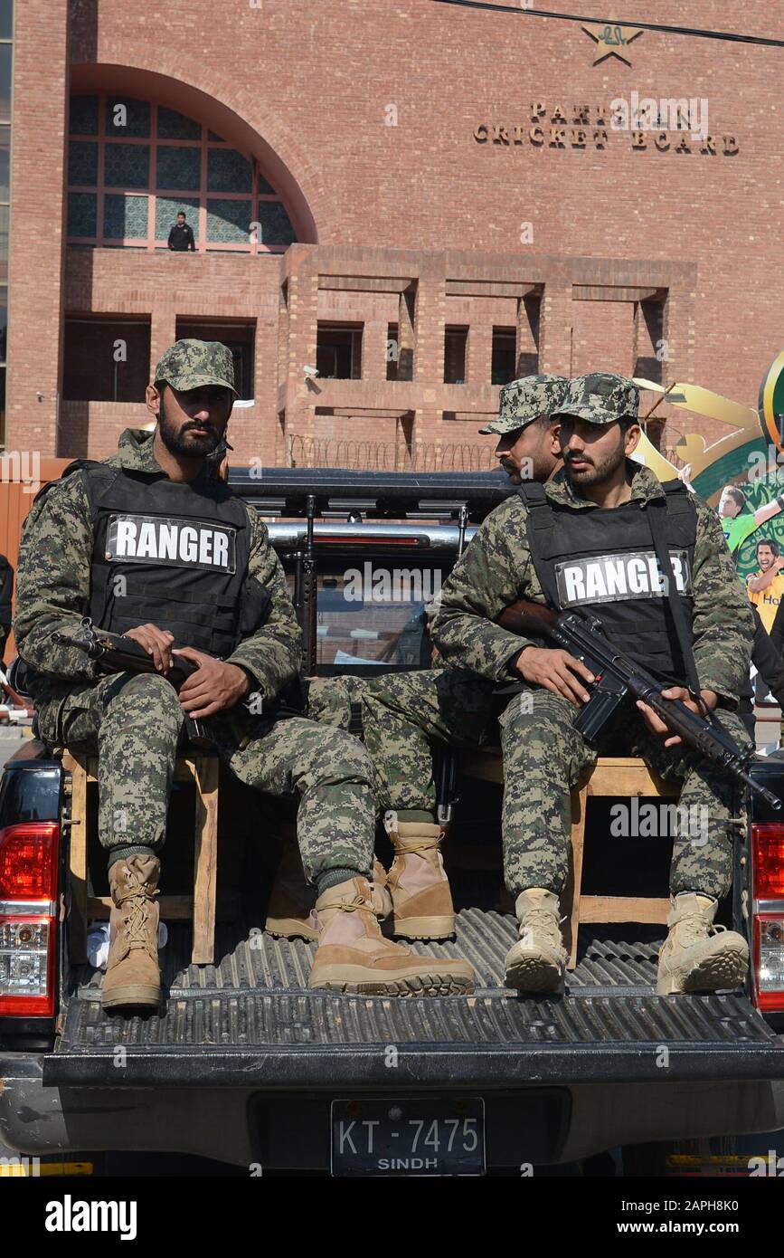 Lahore, Pakistan. 23rd Jan, 2020. Pakistani Rangers personnel ...