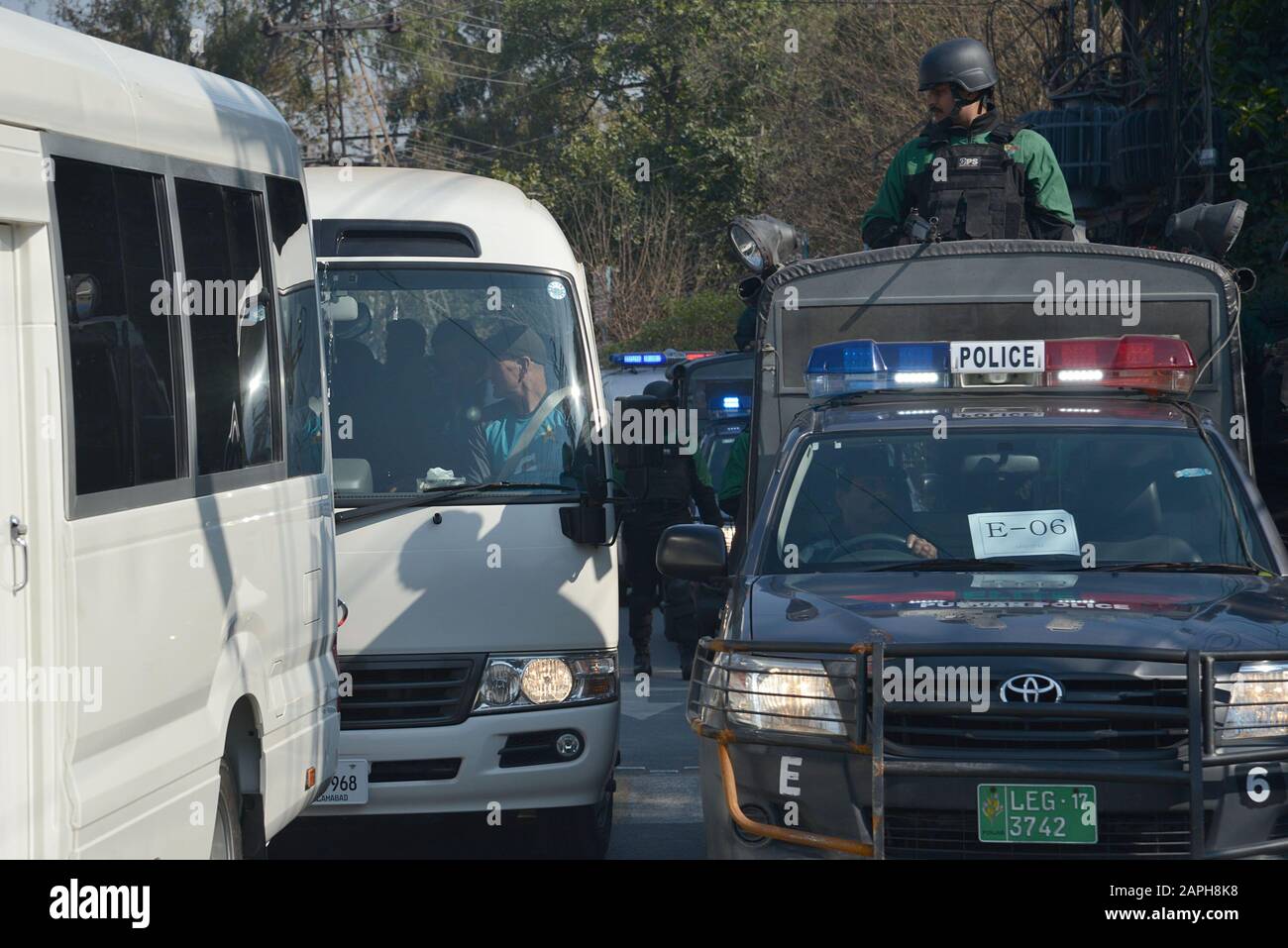 Lahore, Pakistan. 23rd Jan, 2020. Pakistani Security personnel escort ...