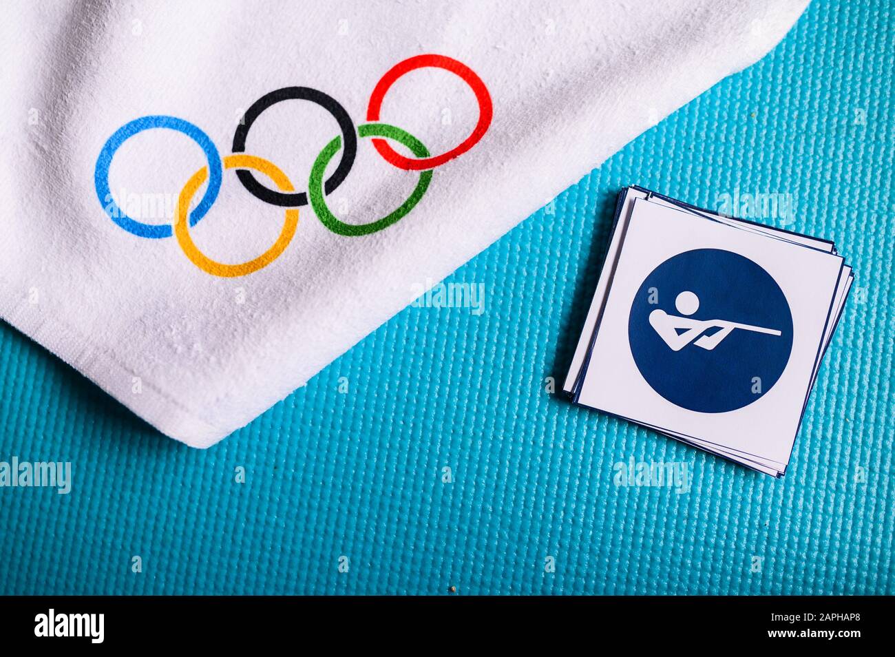 TOKYO, JAPAN, JANUARY. 20. 2020: Shooting pictogram and olympic rings ...