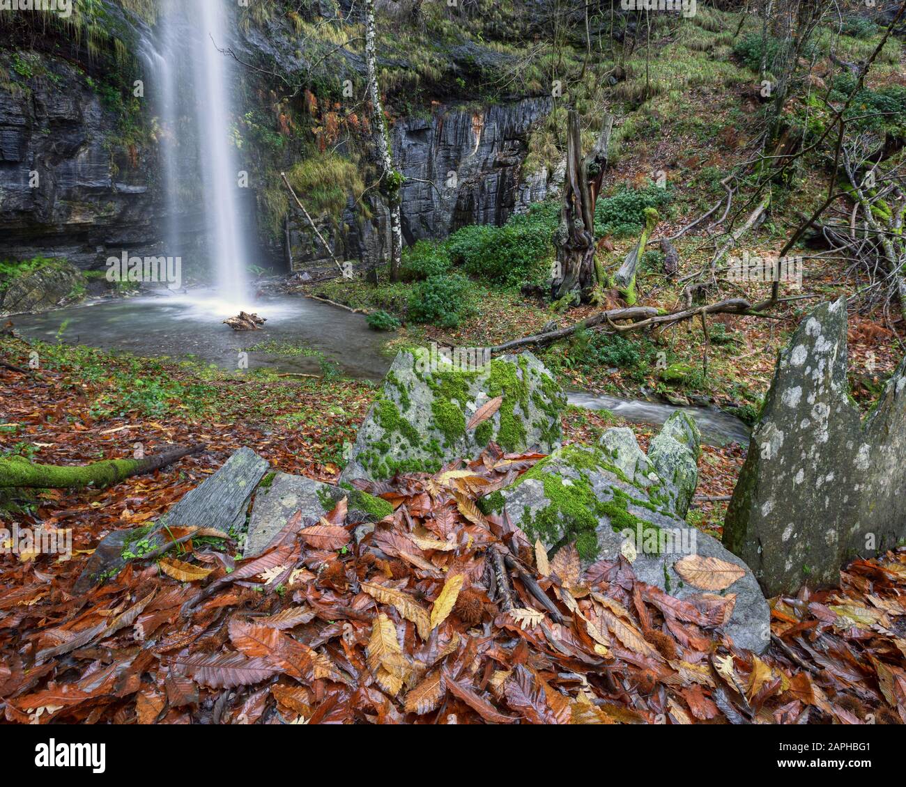 Vertical Stone Wall around a Waterfall on a Cliff in Courel Mountain ...