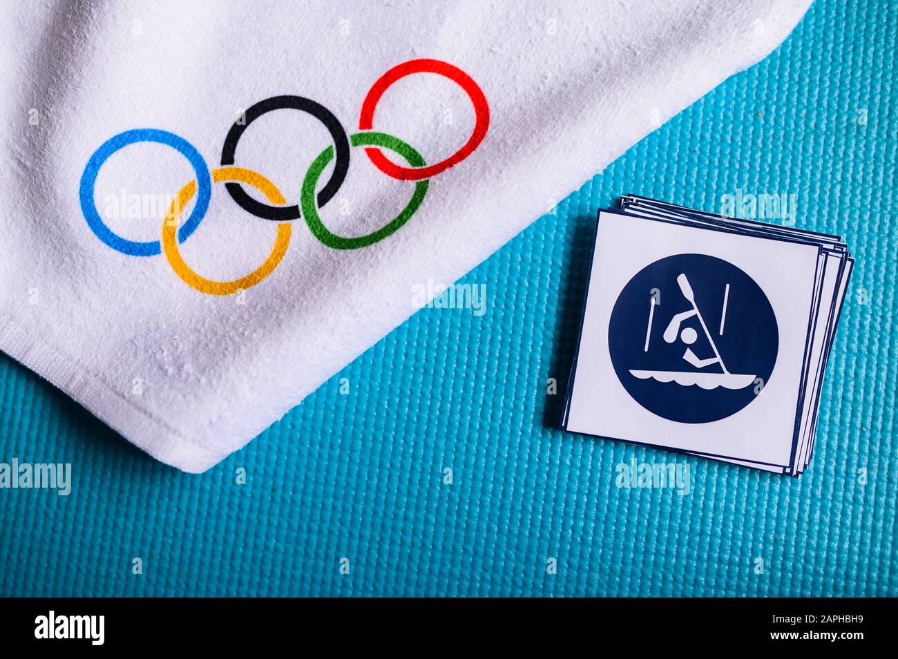 TOKYO, JAPAN, JANUARY. 20. 2020: Canoe Slalom pictogram and olympic ...
