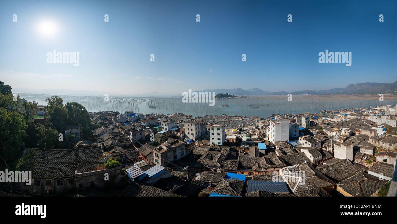 Scenic panorama village view at Xiapu, China. sunlight blue sky. This ...