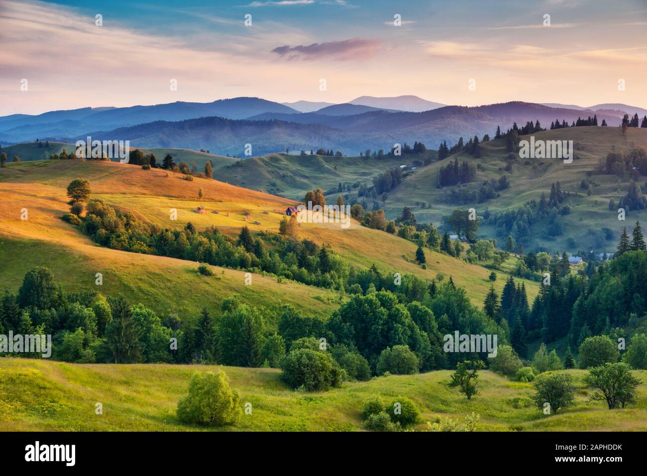 Beautiful green hills at dusk. Carpathian, Ukraine, Europe. Beauty ...