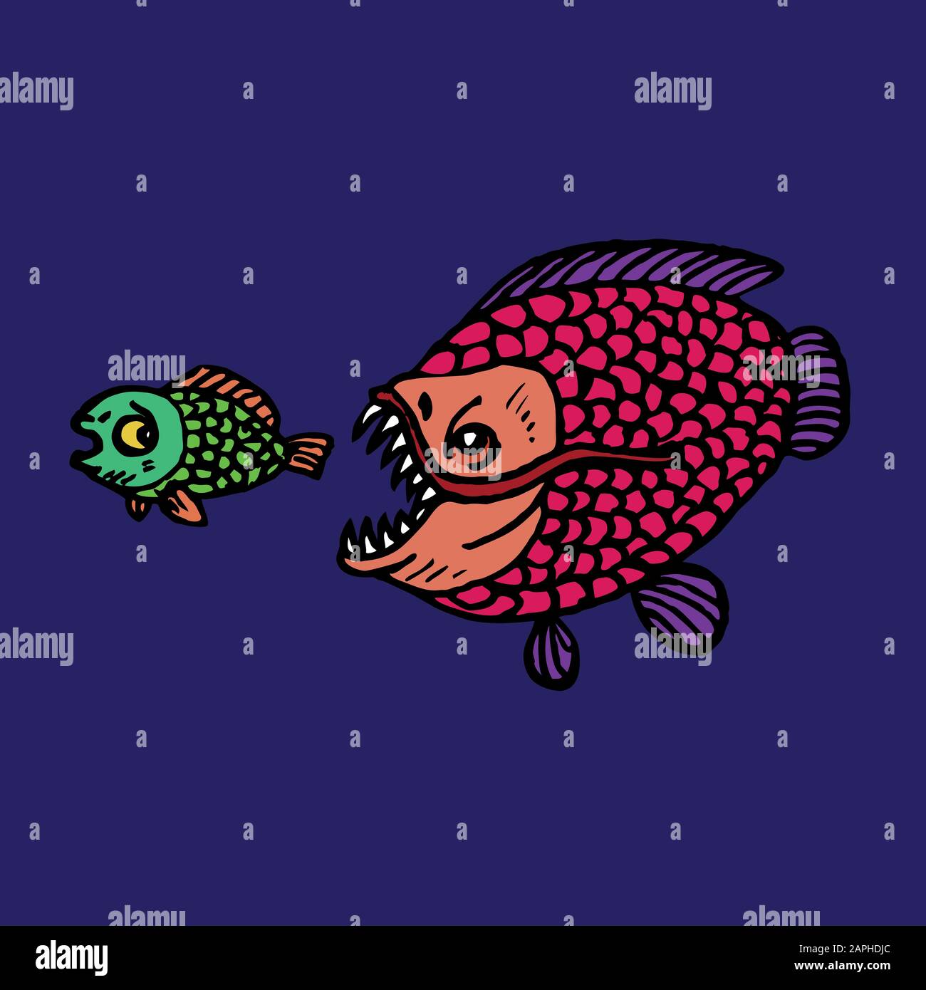 Funny piranha fish cartoon character trying to catch small fish, hand ...