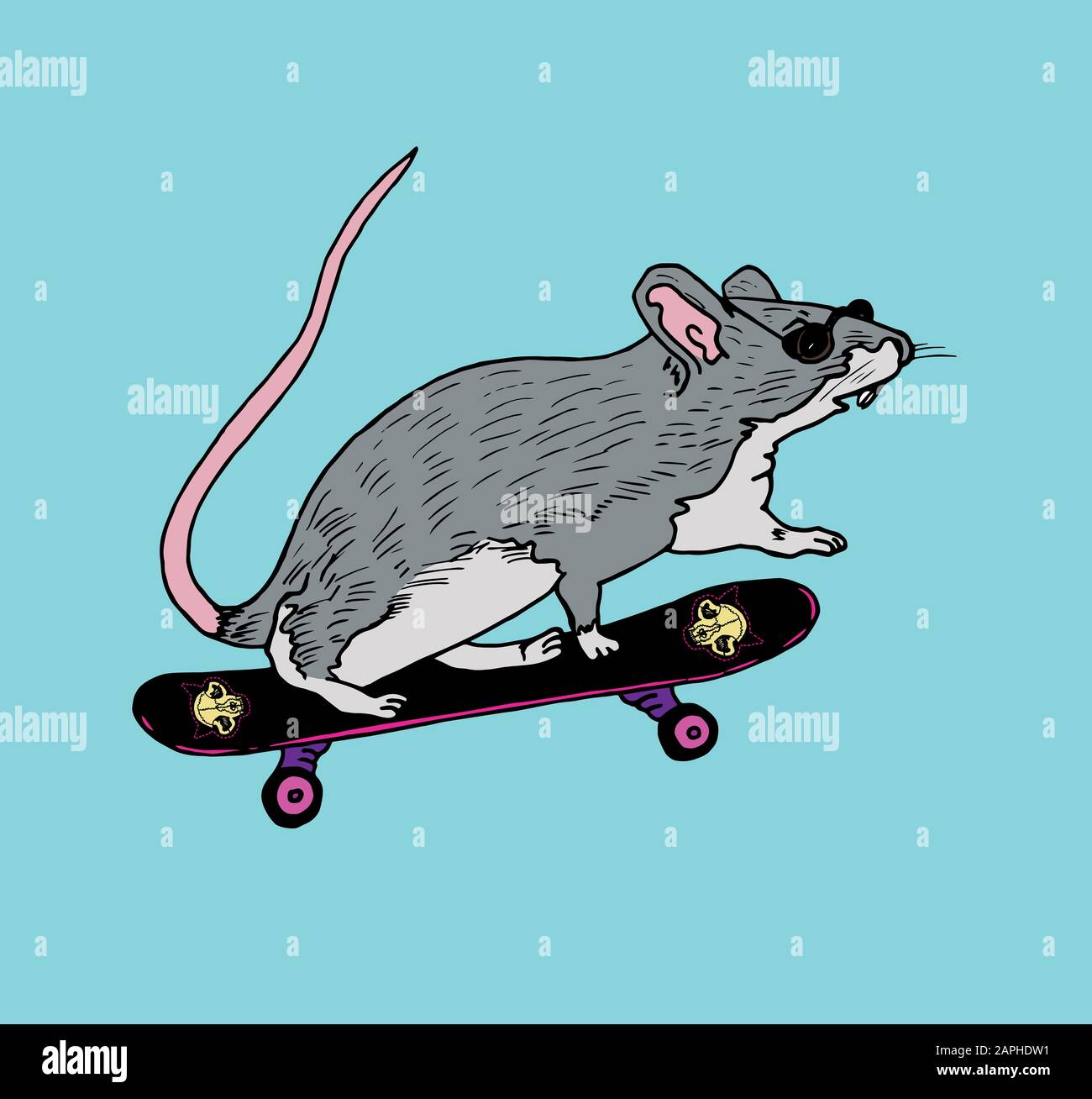 Gray mouse character in sunglasses on skateboard with cats skulls, hand ...