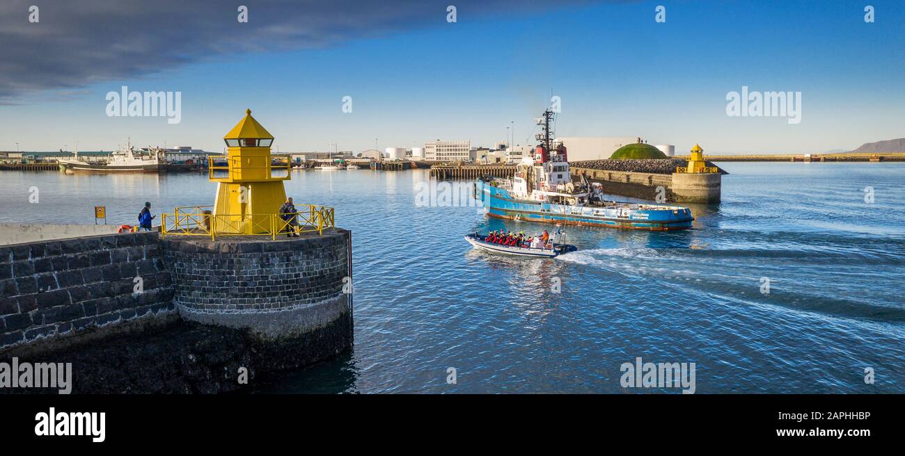 Lighthouse, whale watching and fishing boat, Reykjavik, Iceland Stock ...