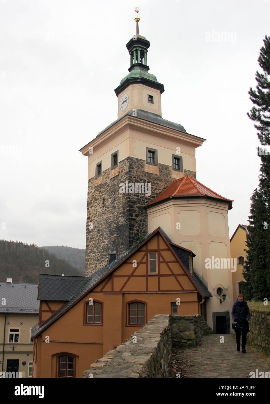 Black Tower, landmark medieval structure in Loket, Czechia Stock Photo ...