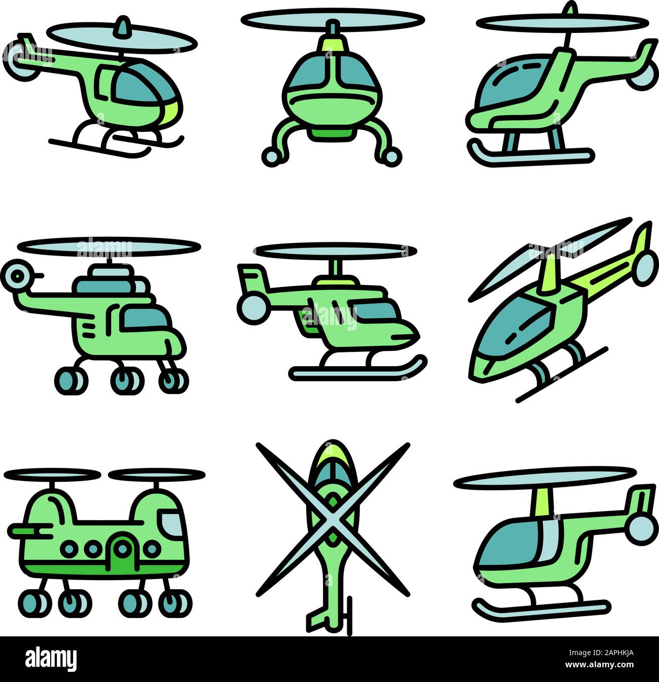 Helicopter icons set. Outline set of helicopter vector icons for web ...