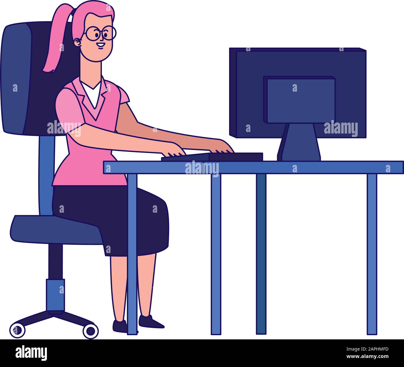 cartoon woman working on office desk with computer Stock Vector Image ...