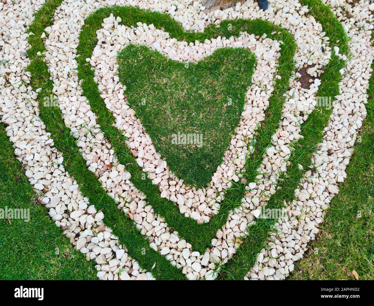 Top view of heart shape white stones on the grass for landscape design ...