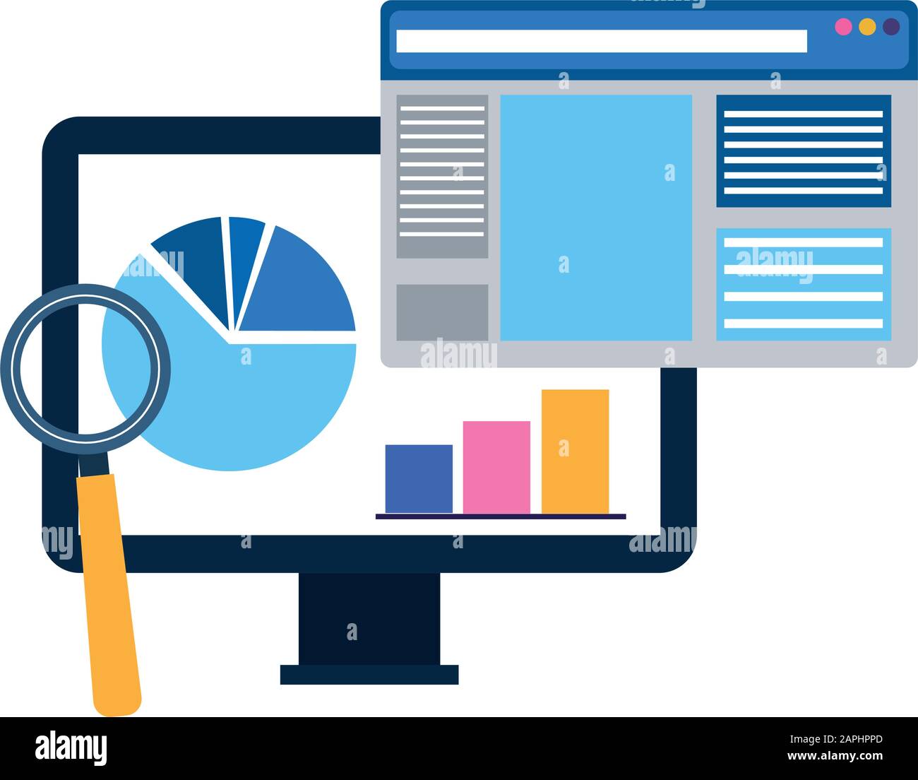 magnifying glass, computer and web page window Stock Vector Image & Art ...