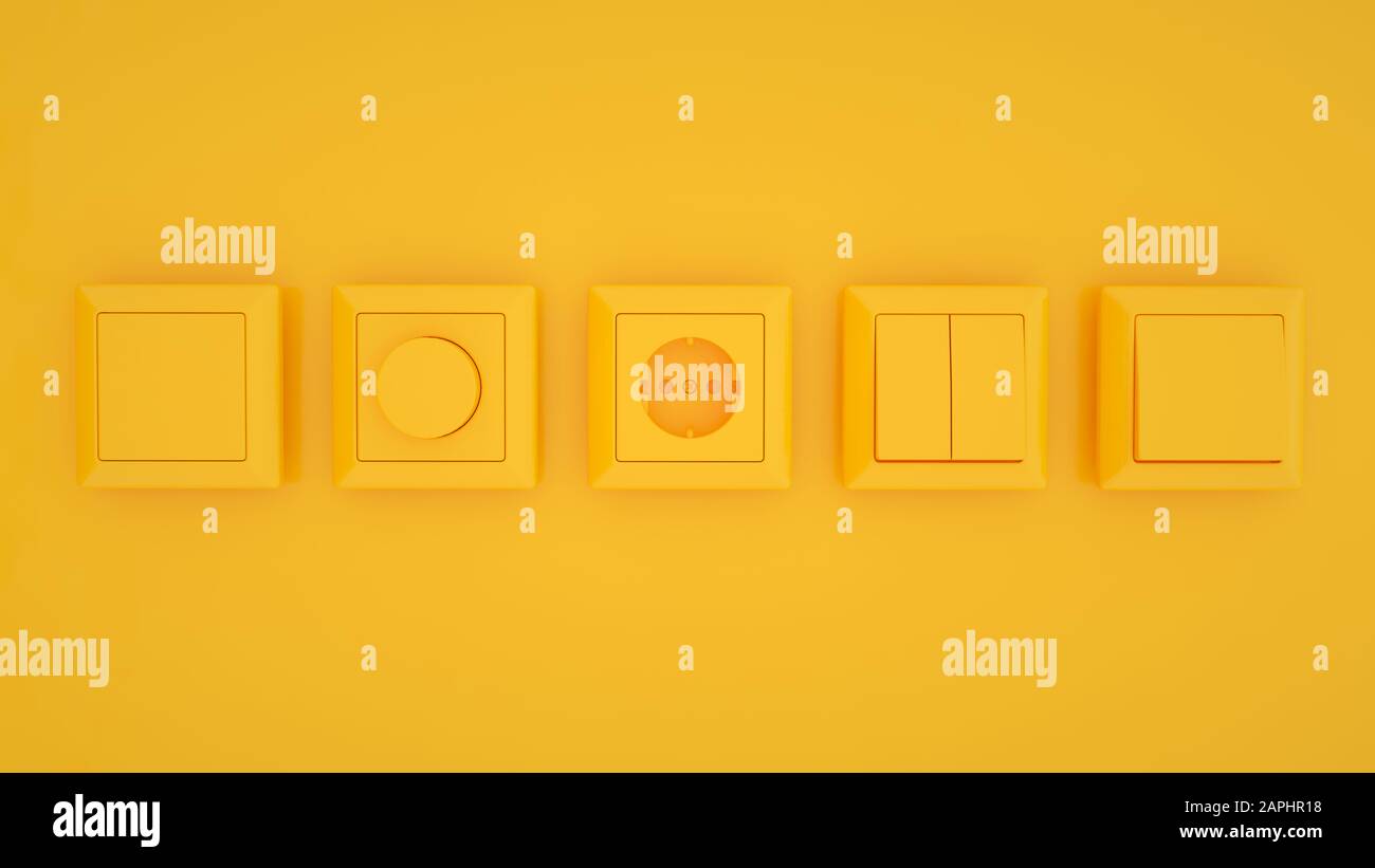 Set of switches and sockets isolated on yellow trendy color background ...