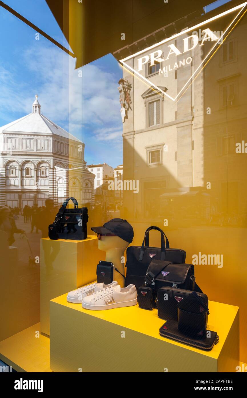 Florence, Italy - 2020, Jan 19: Purses and shoes in a Prada fashion ...