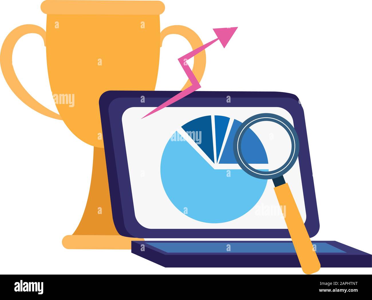 trophy cup, laptop computer and magnifying glass , colorful design ...