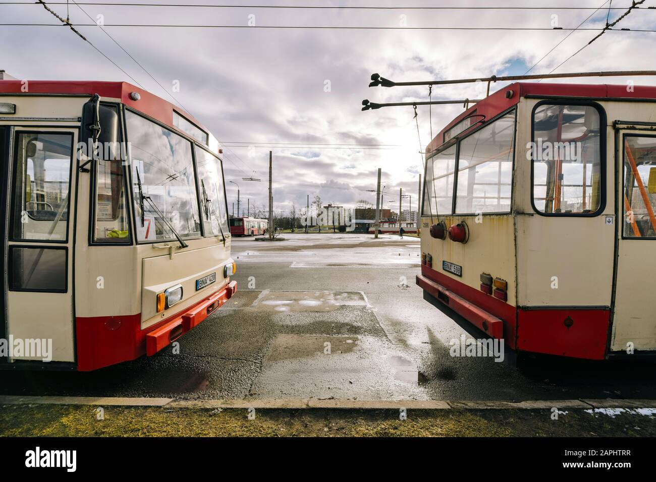 Two trolleybuses parked in the station in Vilnius Lithuania Stock Photo ...