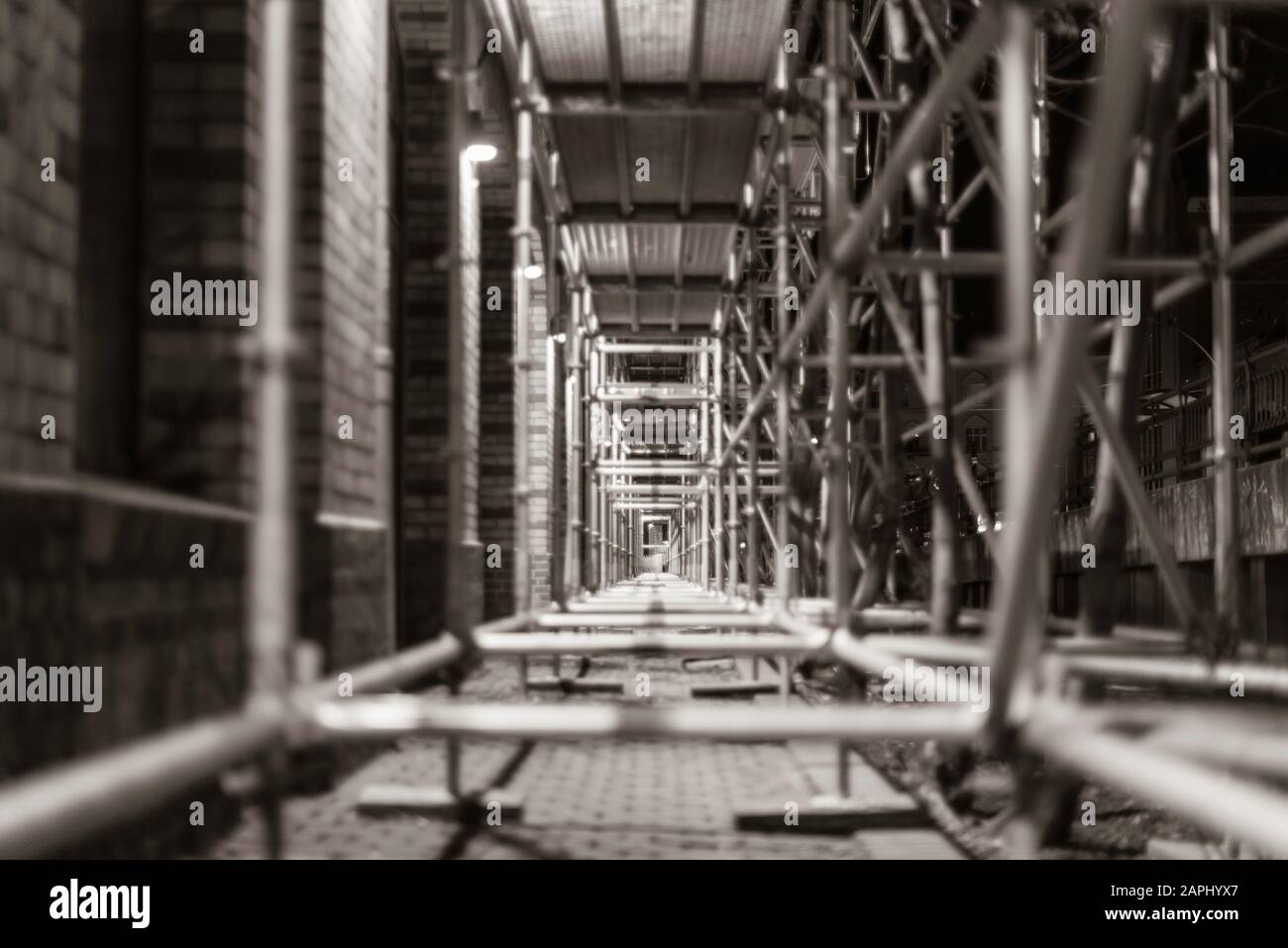 illuminated scaffolding at night, steel, abstract, no workers, nice ...