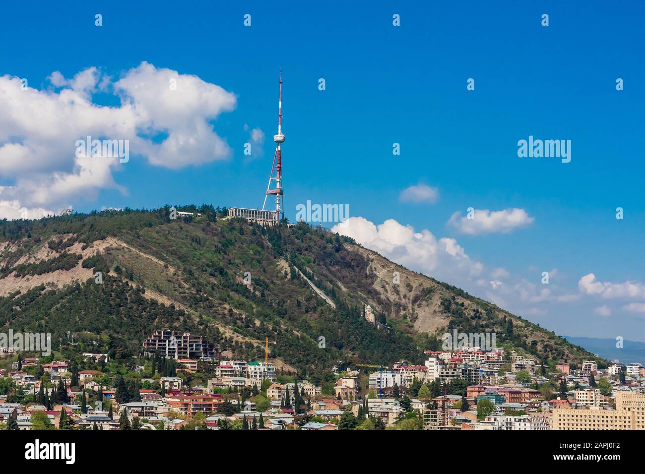 Tbilisi TV Broadcasting Tower on Mtatsminda Hill. View from Funicular railway from Rike Park to ...