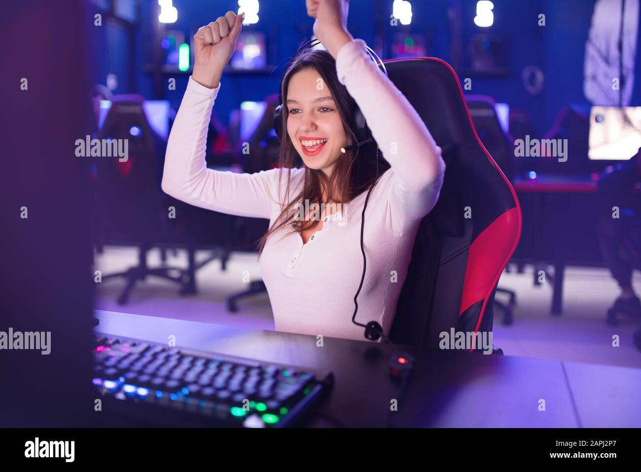 Streamer beautiful girl professional gamer winner rejoices in victory ...