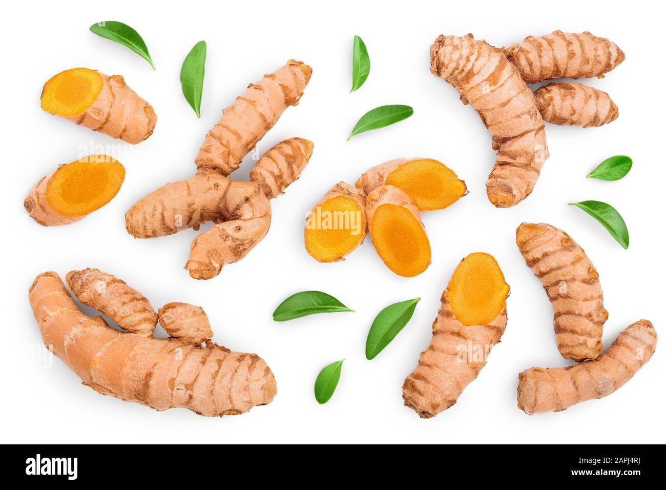 turmeric root and slices isolated on white background. Top view. Flat ...