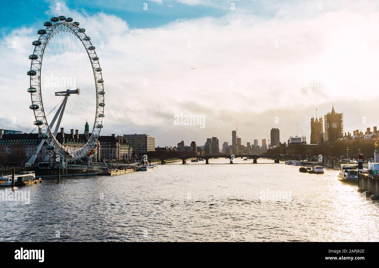 London cityscape at sunrise with famous landmarks: London Eye, County ...