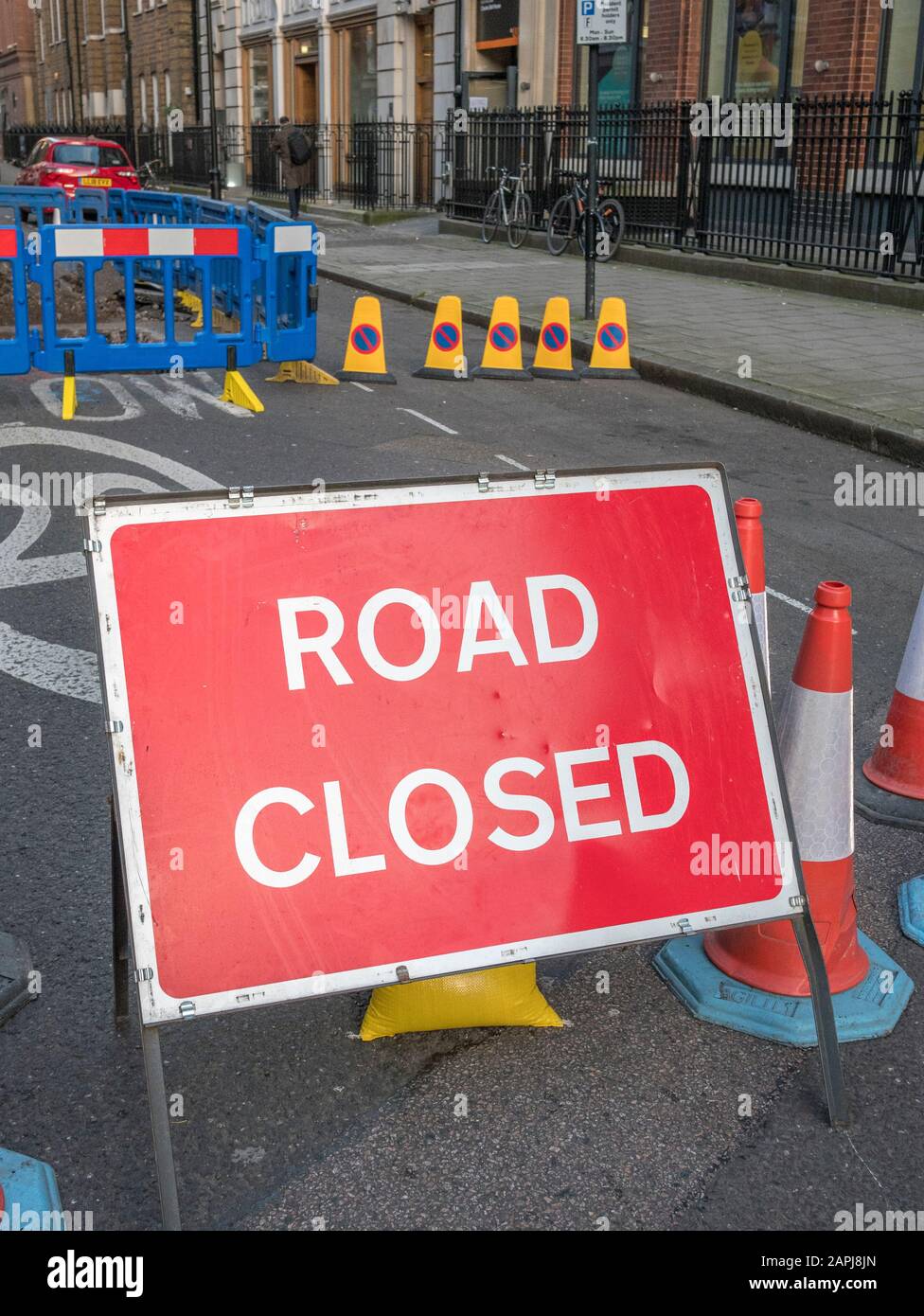 Road Closed sign in side street near London's Post Office Tower ...