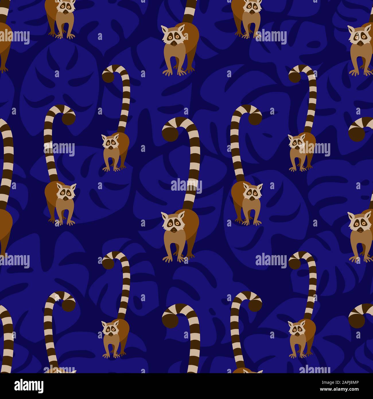 Seamless pattern with cute standing brown lemurs on dark blue ...