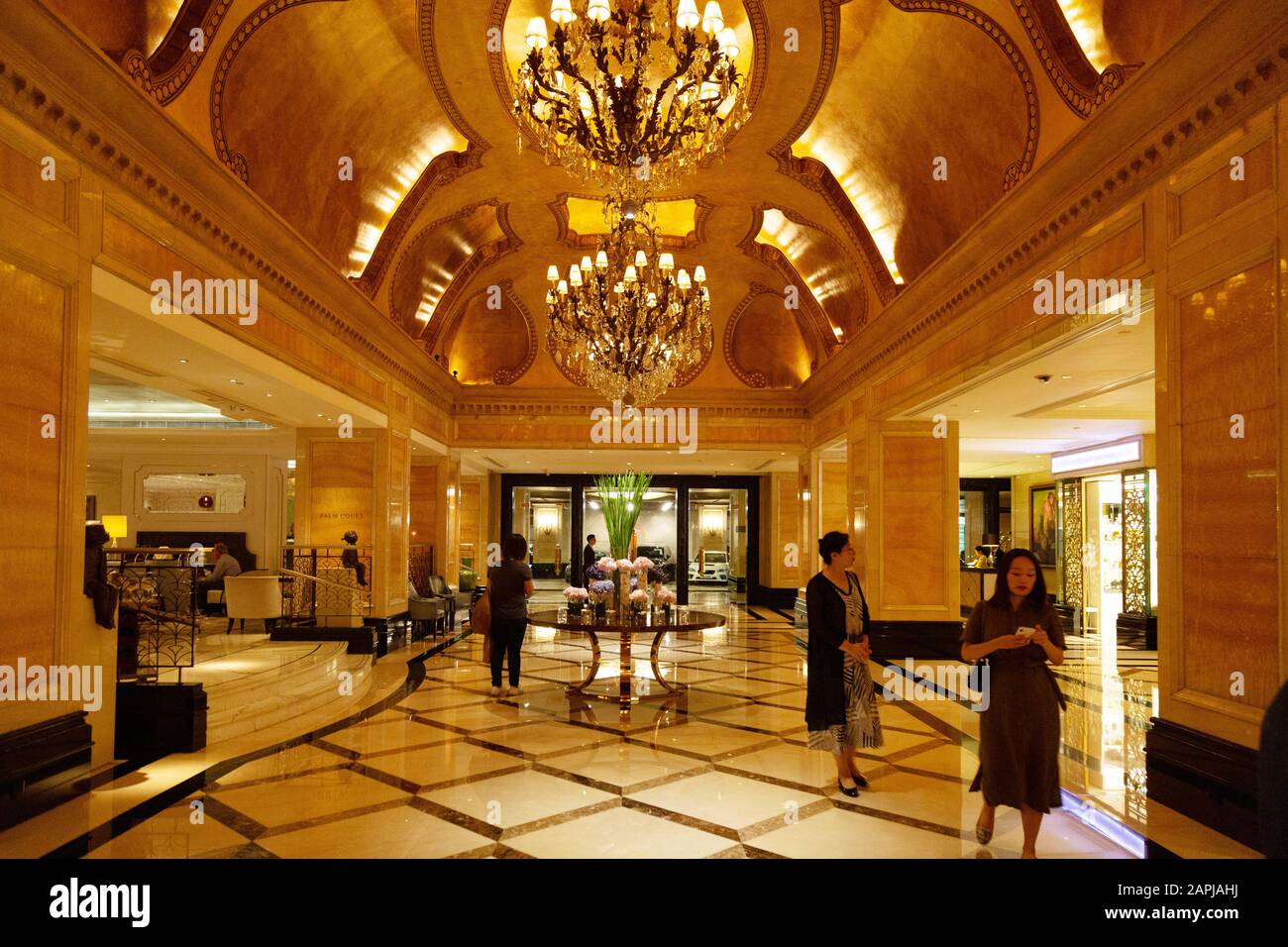 Hong Kong luxury hotel lobby - the Langham Hotel lobby interior, Tsim ...