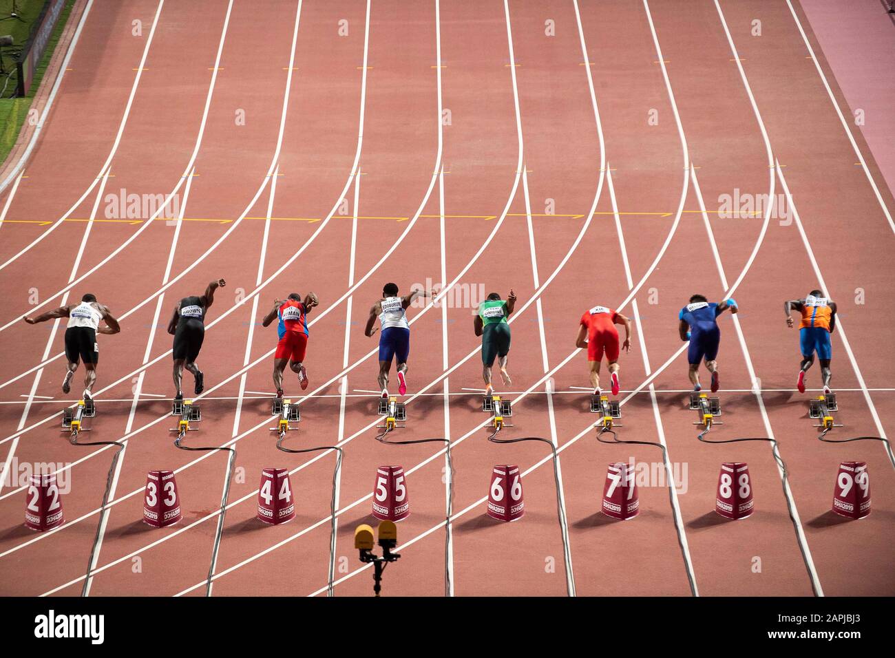 Feature, start, runner in the starting blocks, action, preliminary ...