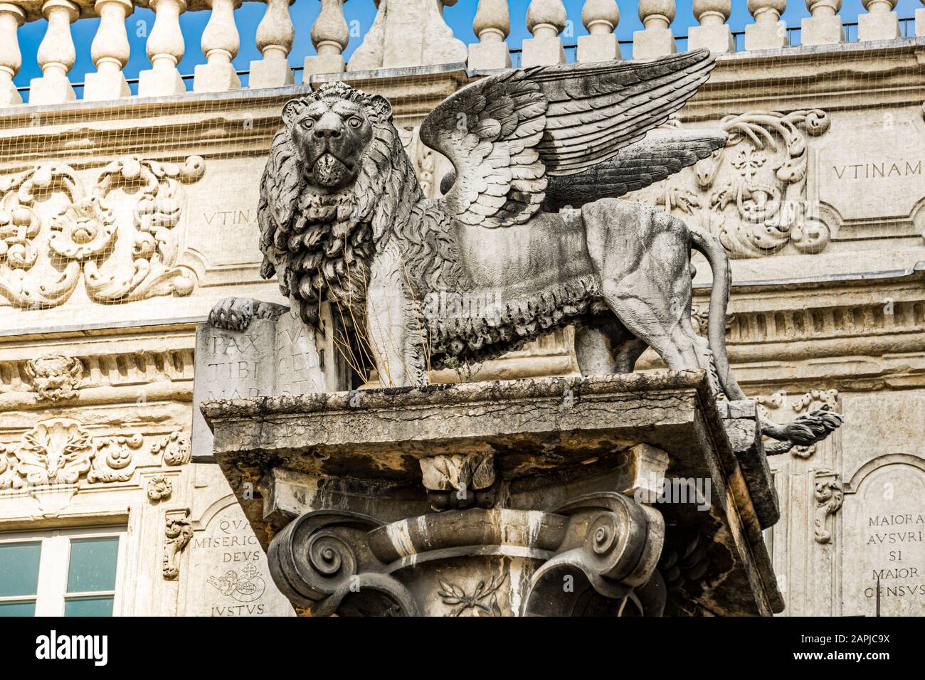 Statue of St Mark's lion, symbol of the Republic of Venice, at Piazza ...