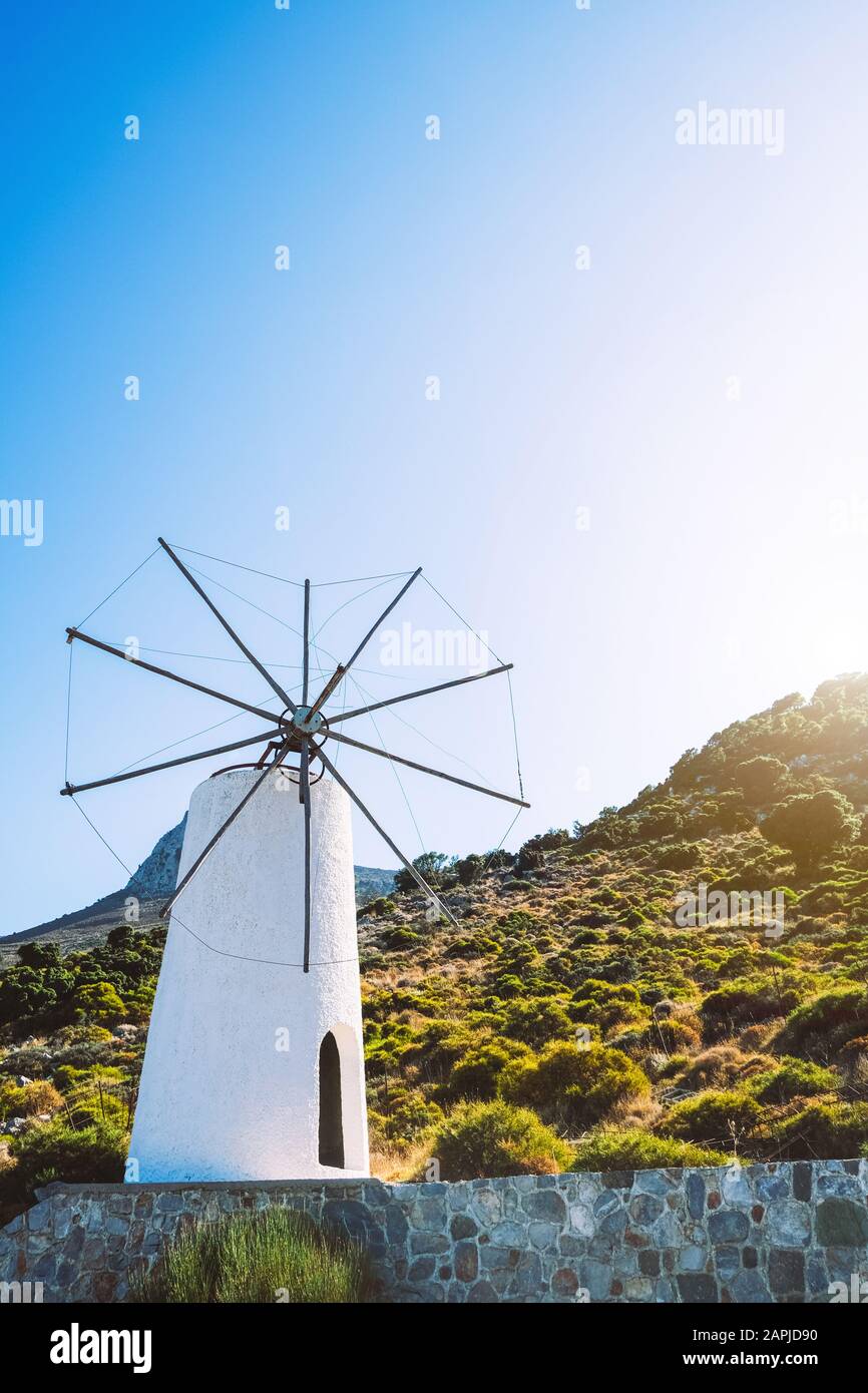 An ancient windmill on the island of Crete. Historical sights of Greece ...