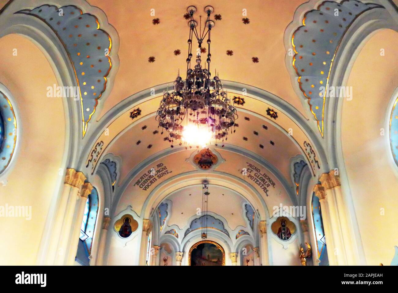 BRATISLAVA, SLOVAKIA-AUGUST 30, 2019: Inside of the blue church ...