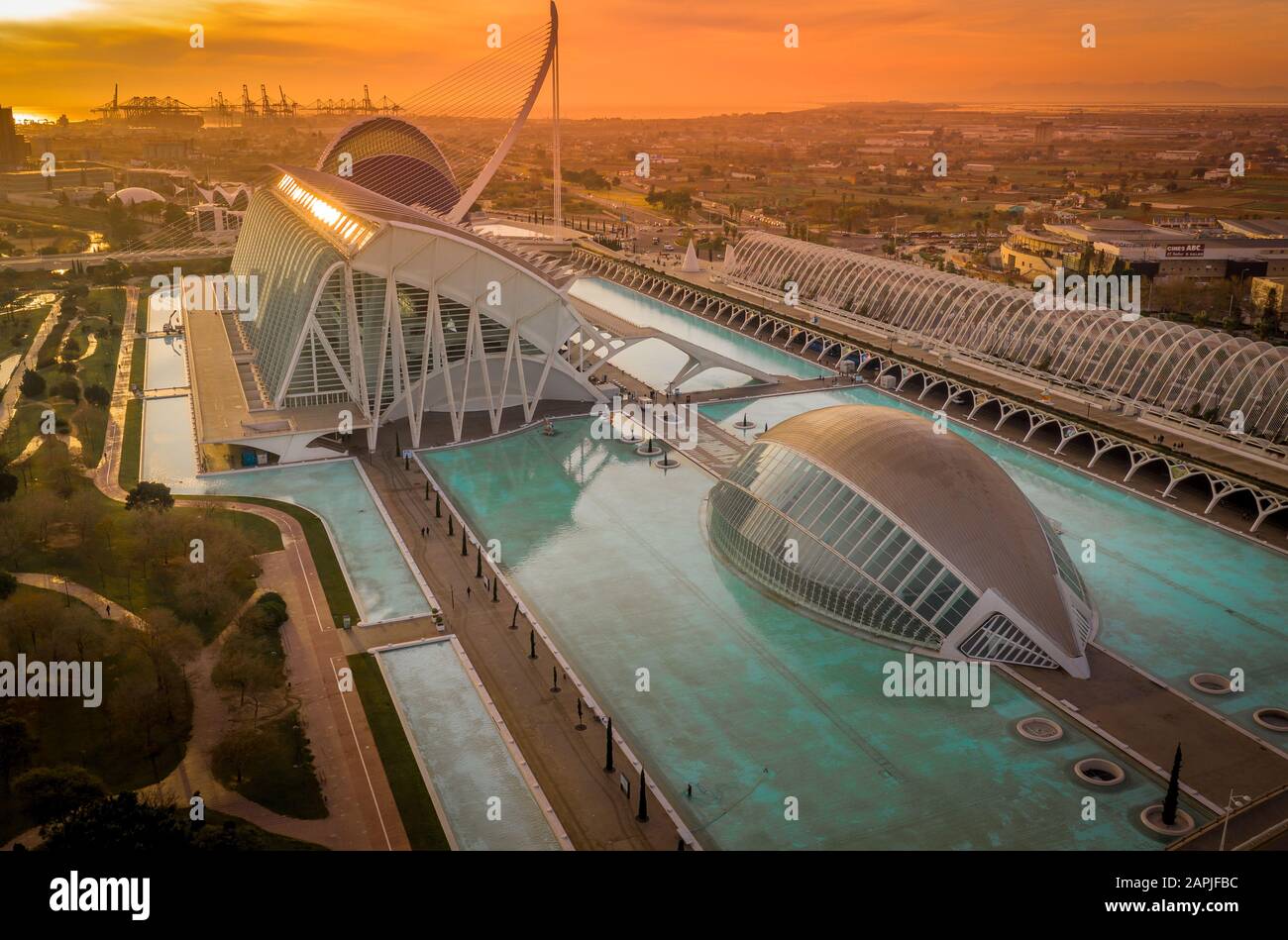 Aerial sunrise view of the city or arts and sciences in Valencia Spain ...