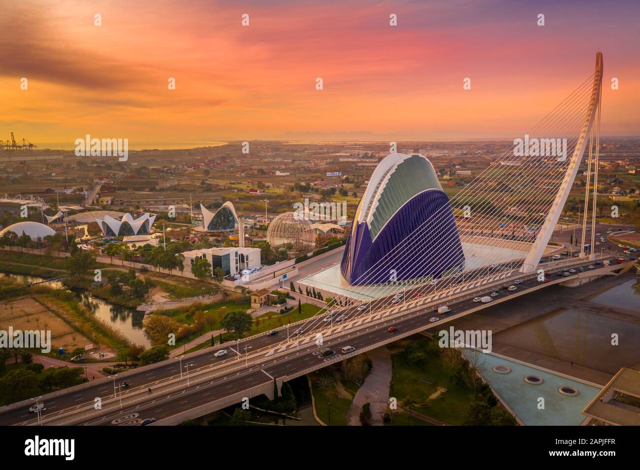 Aerial sunrise view of the city or arts and sciences in Valencia Spain ...