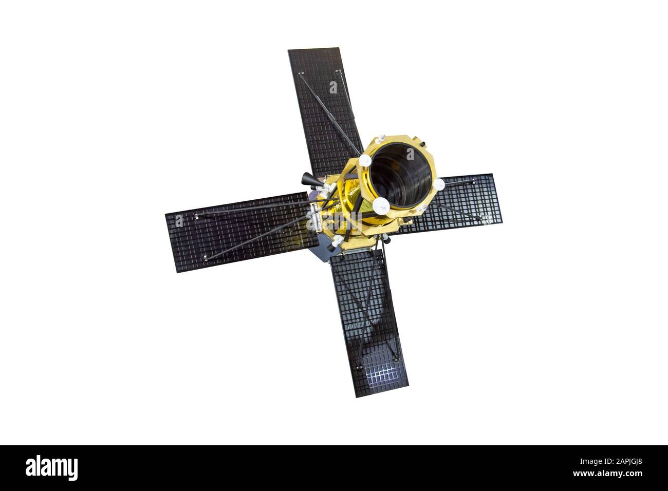 Spaceship satellite telescope with four solar panels open, isolated on ...