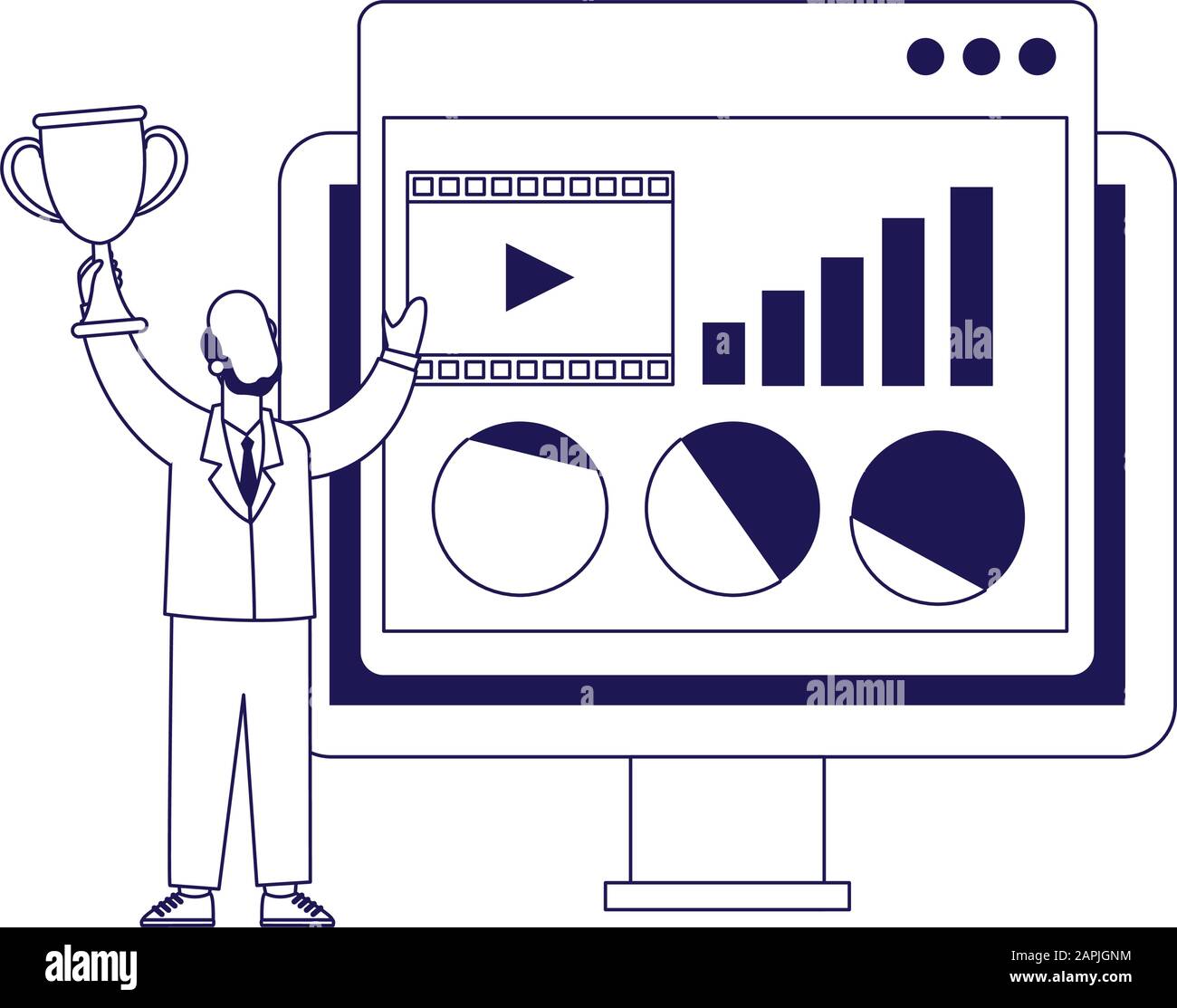 computer monitor and businessman holding a trophy cup, flat design ...