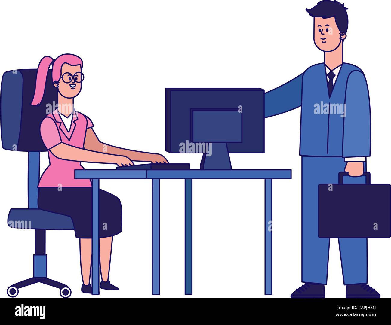 cartoon businessman and woman working on office desk with computer ...
