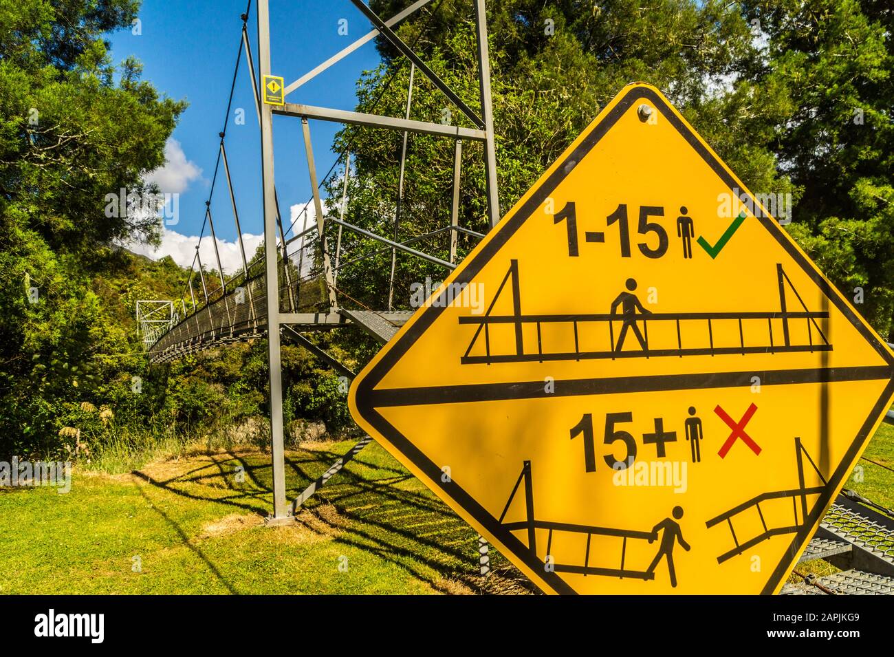 Danger sign on the pedestrian suspension bridge over the Ōtaki river ...
